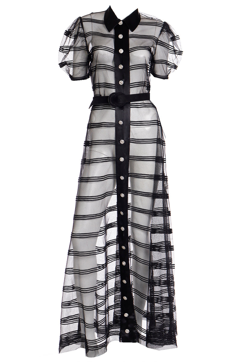 1930s Black Silk Satin Sheer Net Evening Dress W Rhinestone Buttons – Modig