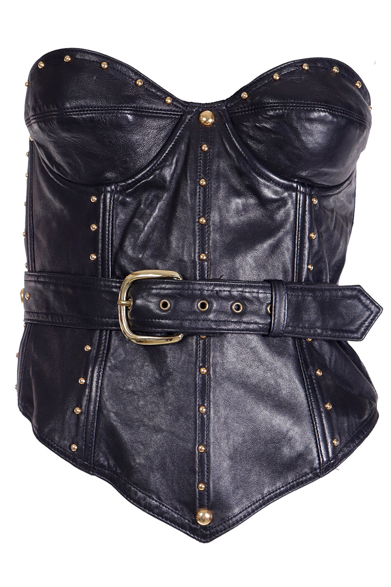 Vintage 1992 Isaac Mizrahi Black Lambskin Leather Studded Bustier – Modig