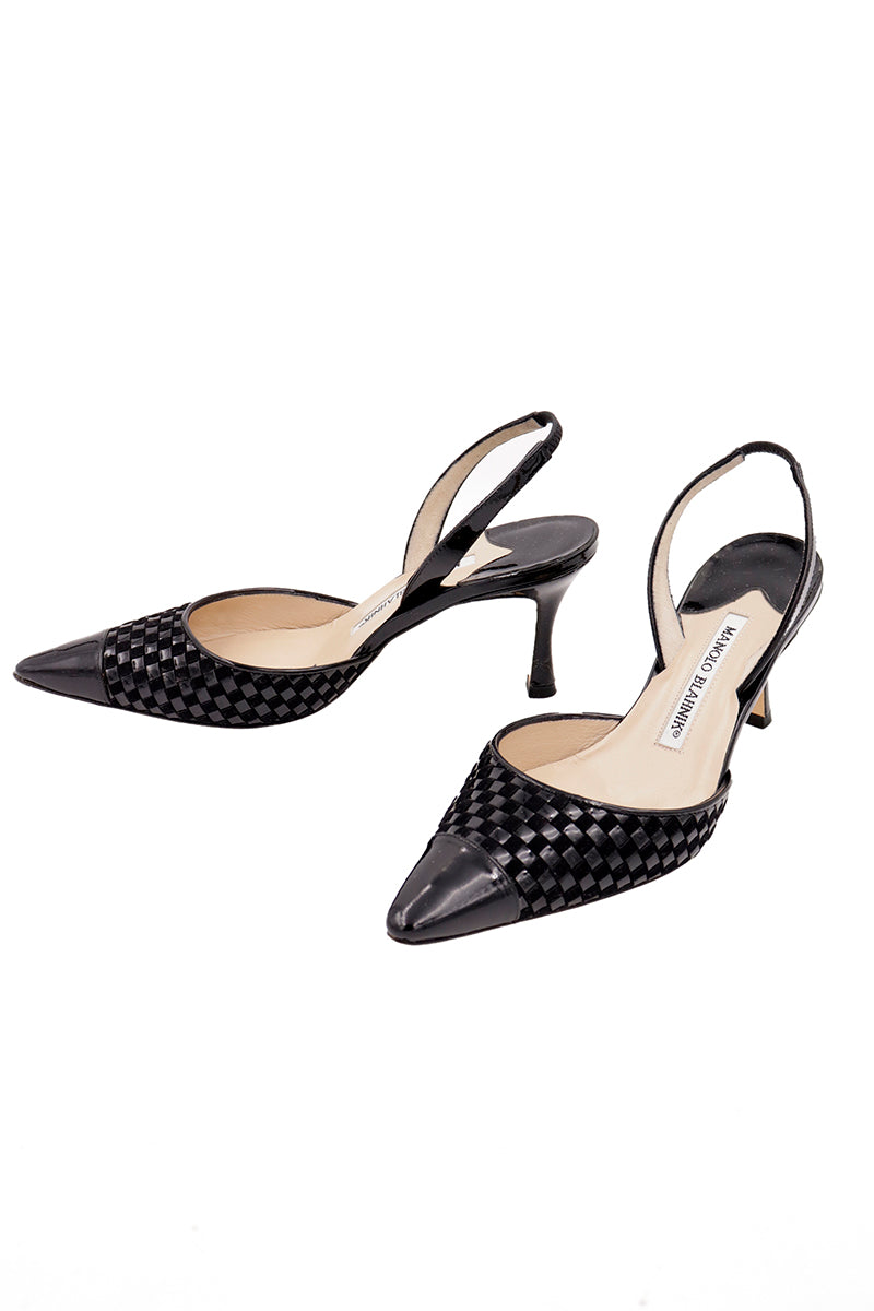 Manolo Blahnik Black Basket Weave Leather Carolyne Slingback Shoes – Modig