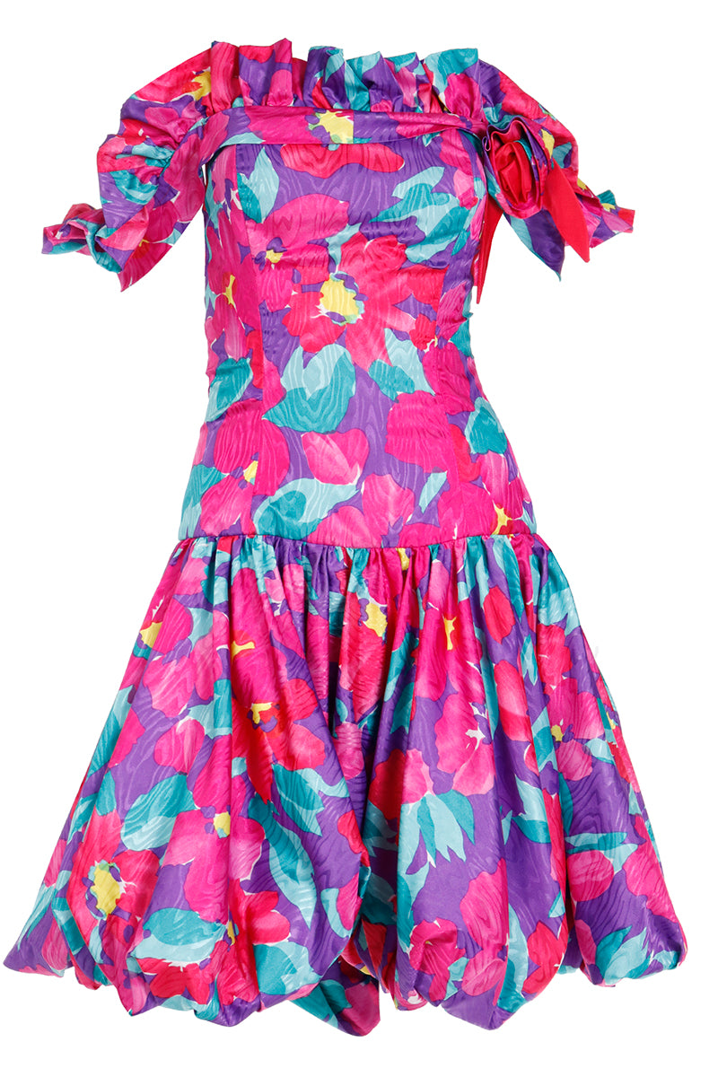 Vintage Pink Multi Colored Floral Off Shoulder 1980s Bubble Dress – Modig