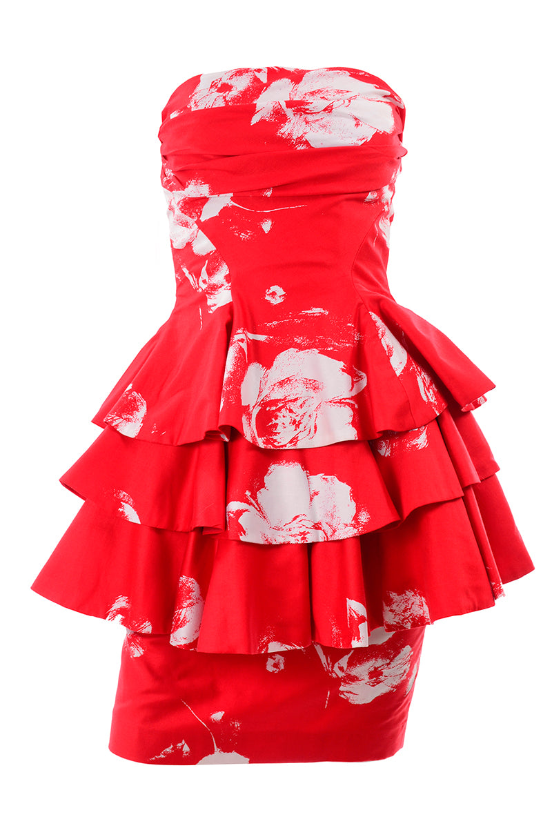 Vintage Barboglio 2 Piece Red & White Floral Strapless Peplum Dress – Modig