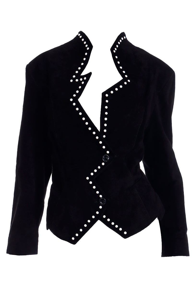 Vintage 1980s Black Suede Avant Garde Jacket W White Studs Large – Modig