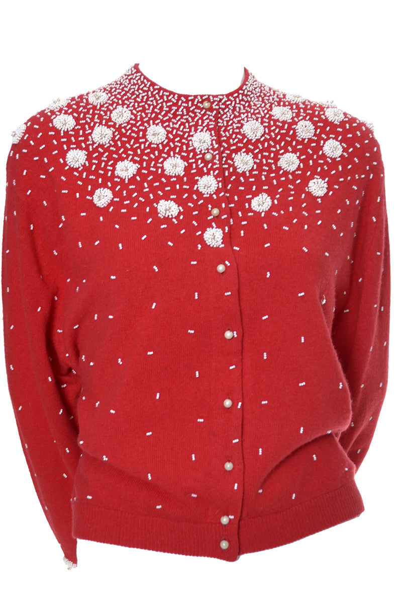 Cherry Red Vintage Cardigan Sweater Beaded Mid Century Wool Angora – Modig