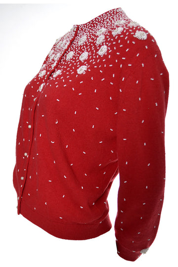 Cherry Red Vintage Cardigan Sweater Beaded Mid Century Wool Angora – Modig