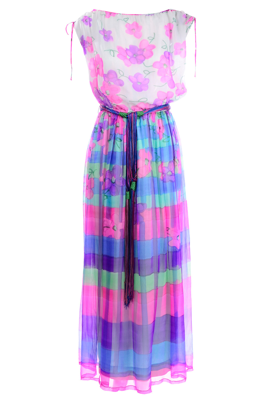 1970s Christian Rupert Pink & Purple Floral & Stripe Silk Chiffon Maxi ...