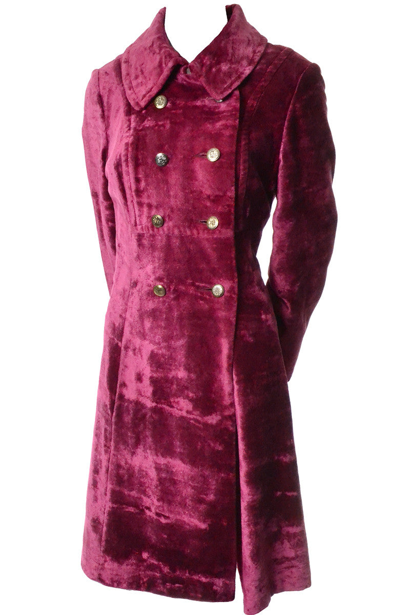 1960s Vintage Raspberry Wine Red Crushed Velvet Coat Double Brass ...