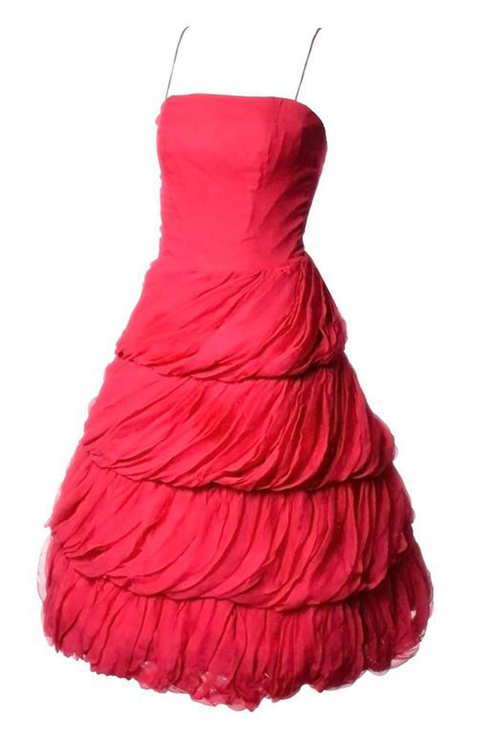 1950s Frank Usher Dress Tiered Hoop Skirt w/ Layered Red Silk Chiffon ...