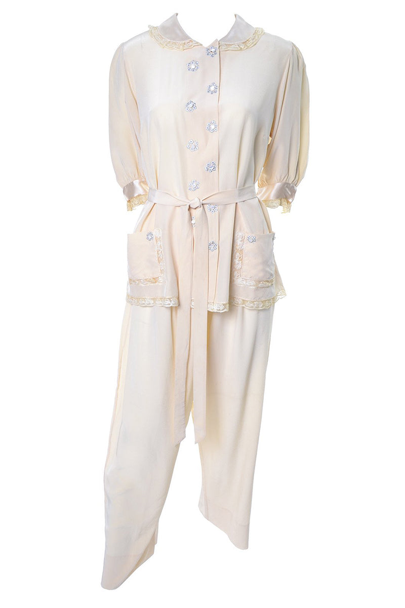 1940s Vintage Ivory Silk Pajama Set with Lace Embroidery – Modig