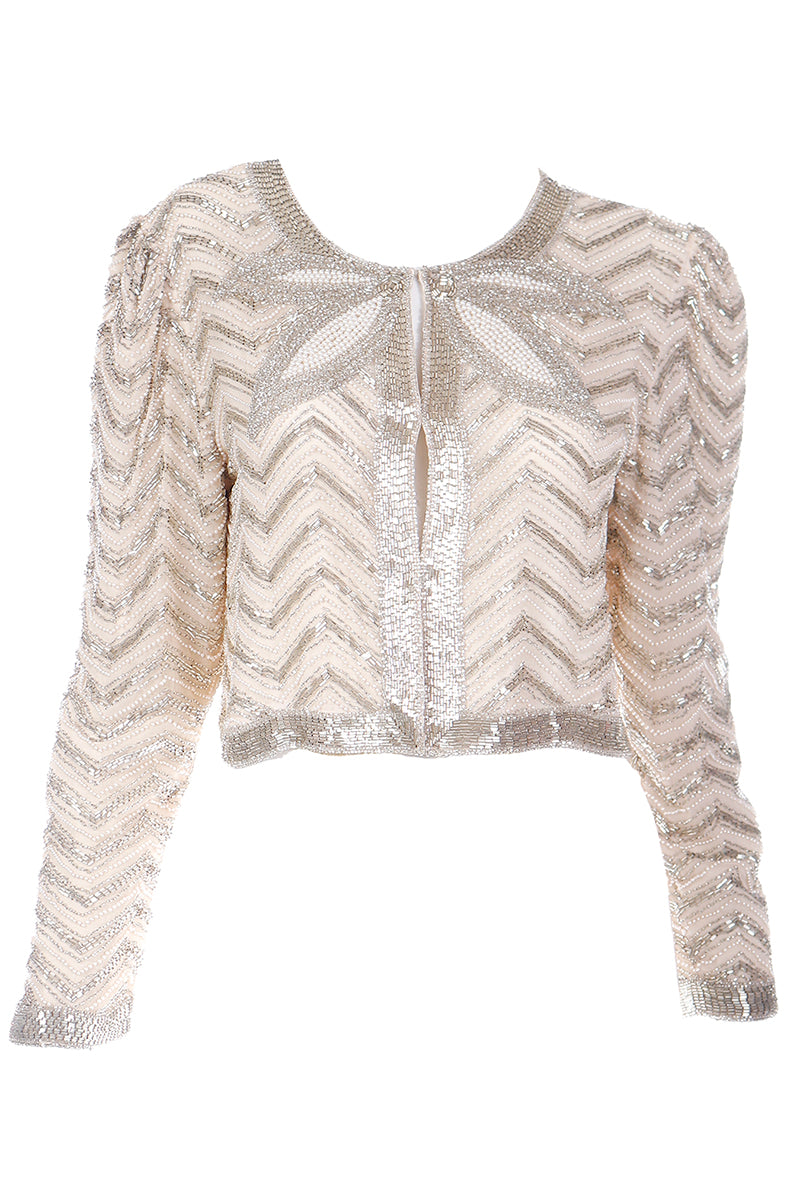 Vintage Neiman Marcus Ivory Silk Open Front Beaded Evening Jacket – Modig