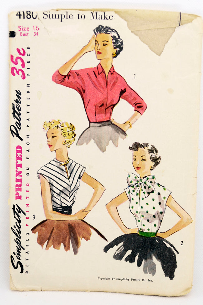 1952 Simplicity 4180 Vintage Blouses Sewing Pattern – Modig