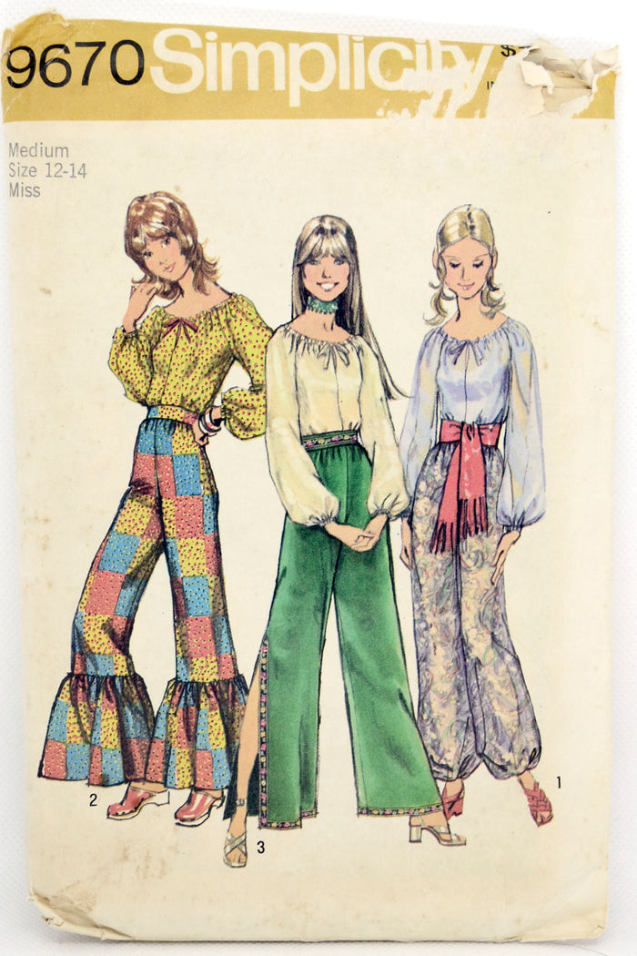 1971 Vintage Simplicity 9670 Peasant Blouse & 3 Pant Styles Pattern – Modig