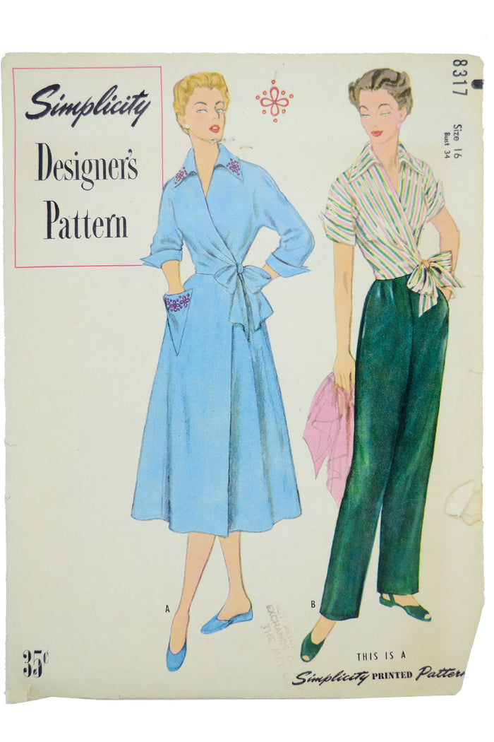 1950 Vintage Simplicity 8317 Tie Blouse Pants & Coat Designer Pattern ...