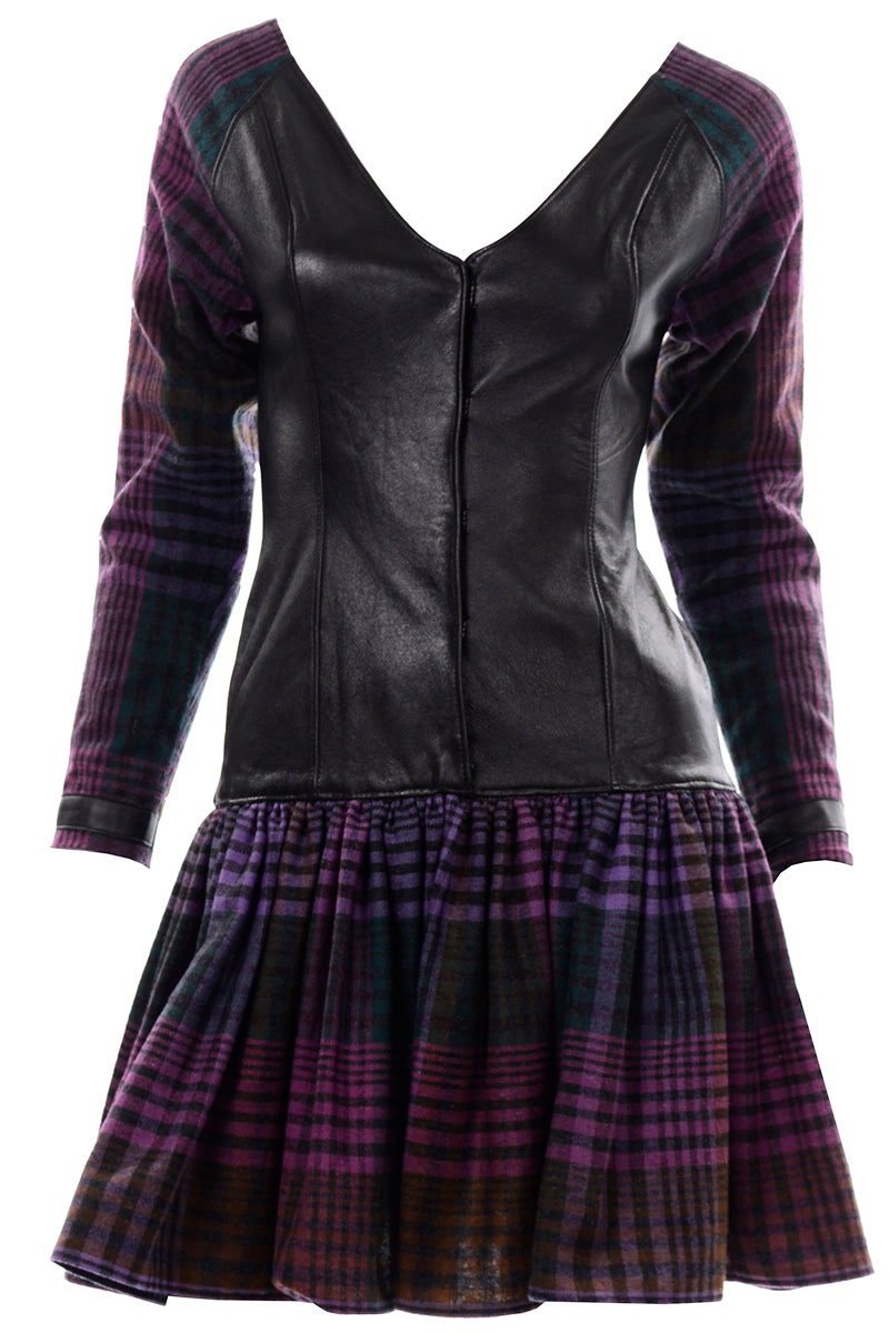 1980s Punk OAK Leather and Plaid Flannel Vintage Dress – Modig