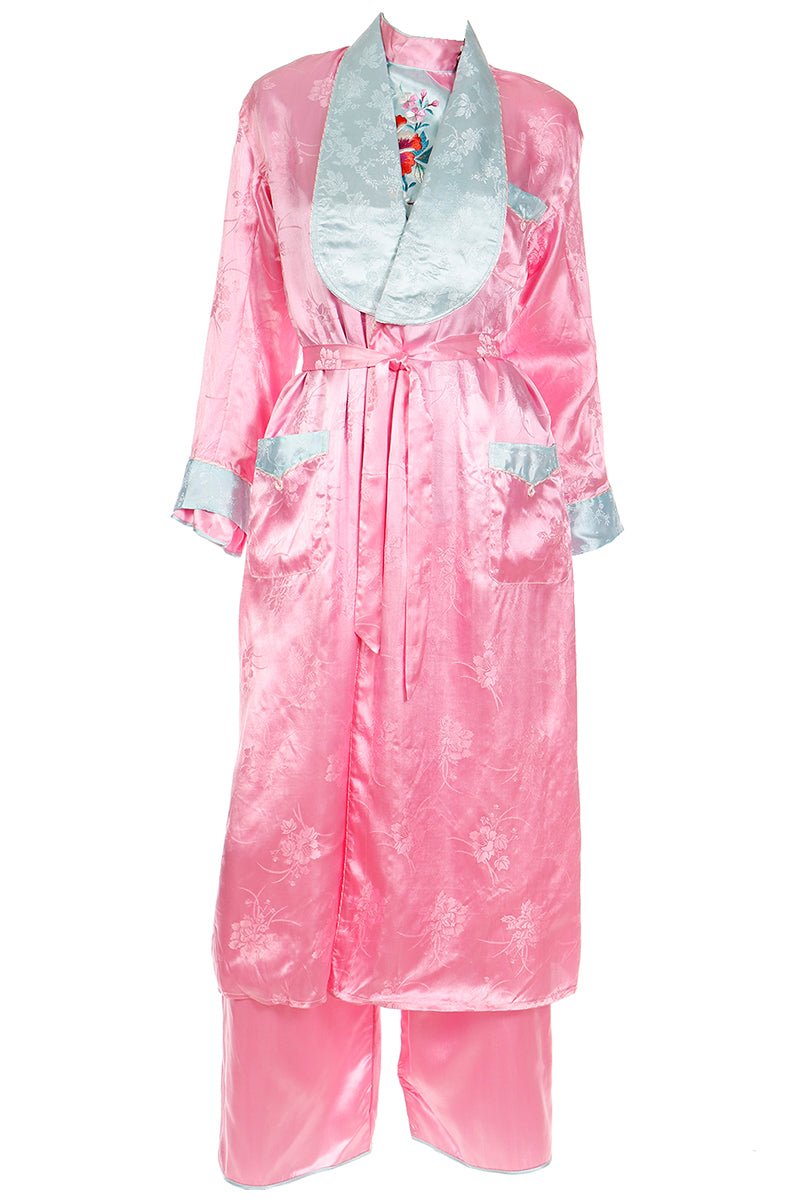 1960s Chinese Silk Pajama Robe & Fur Slipper Set in Original Silk Box ...