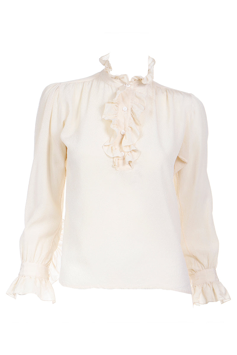 Vintage Yves Saint Laurent Cream Silk Ruffle Neck 1970s Blouse – Modig
