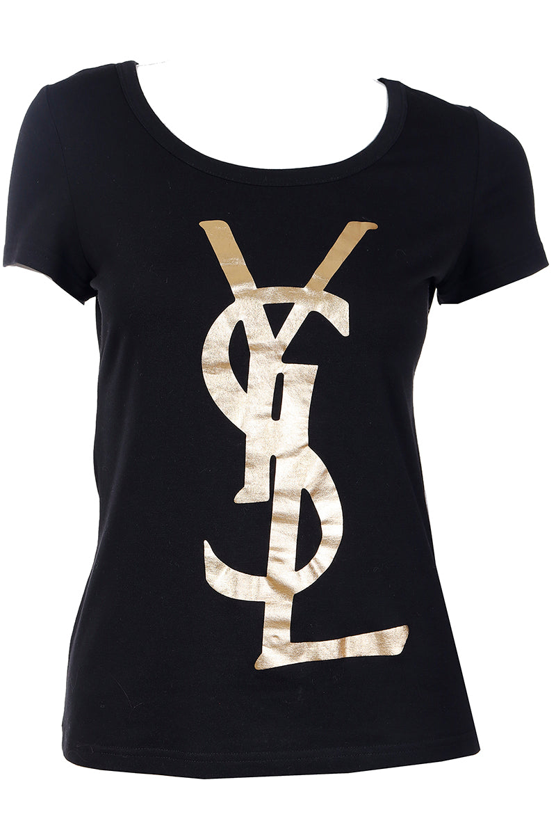 2000s YSL Gold Metallic Logo Black Designer Tee Shirt – Modig