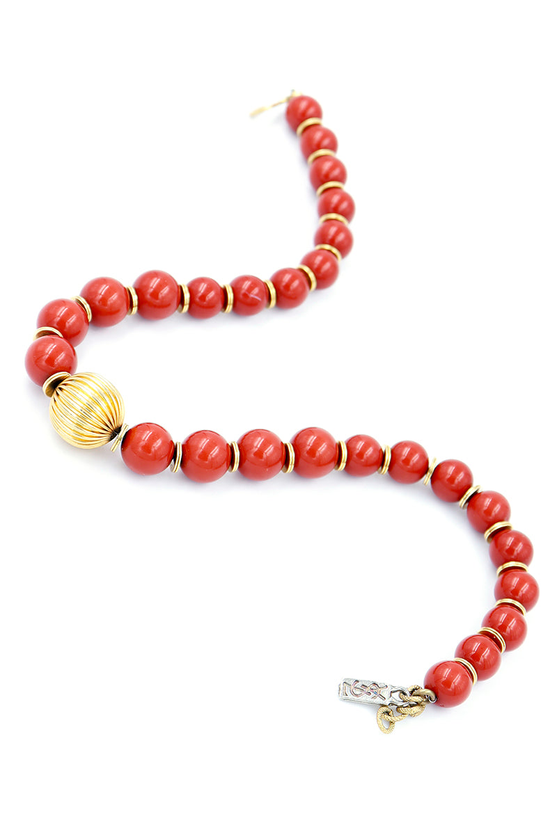 Vintage Yves Saint Laurent Orange Bead Necklace w Gold Textured Bead ...