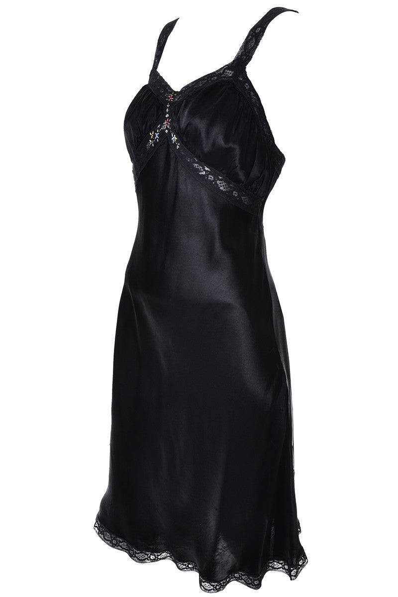 1940s Vintage Full Slip Black Bias Cut Silk Floral Embroidery – Modig