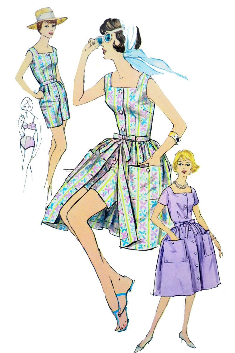 1961 Simplicity 3955 Vintage Playsuit Swimsuit Skirt Sewing Pattern – Modig